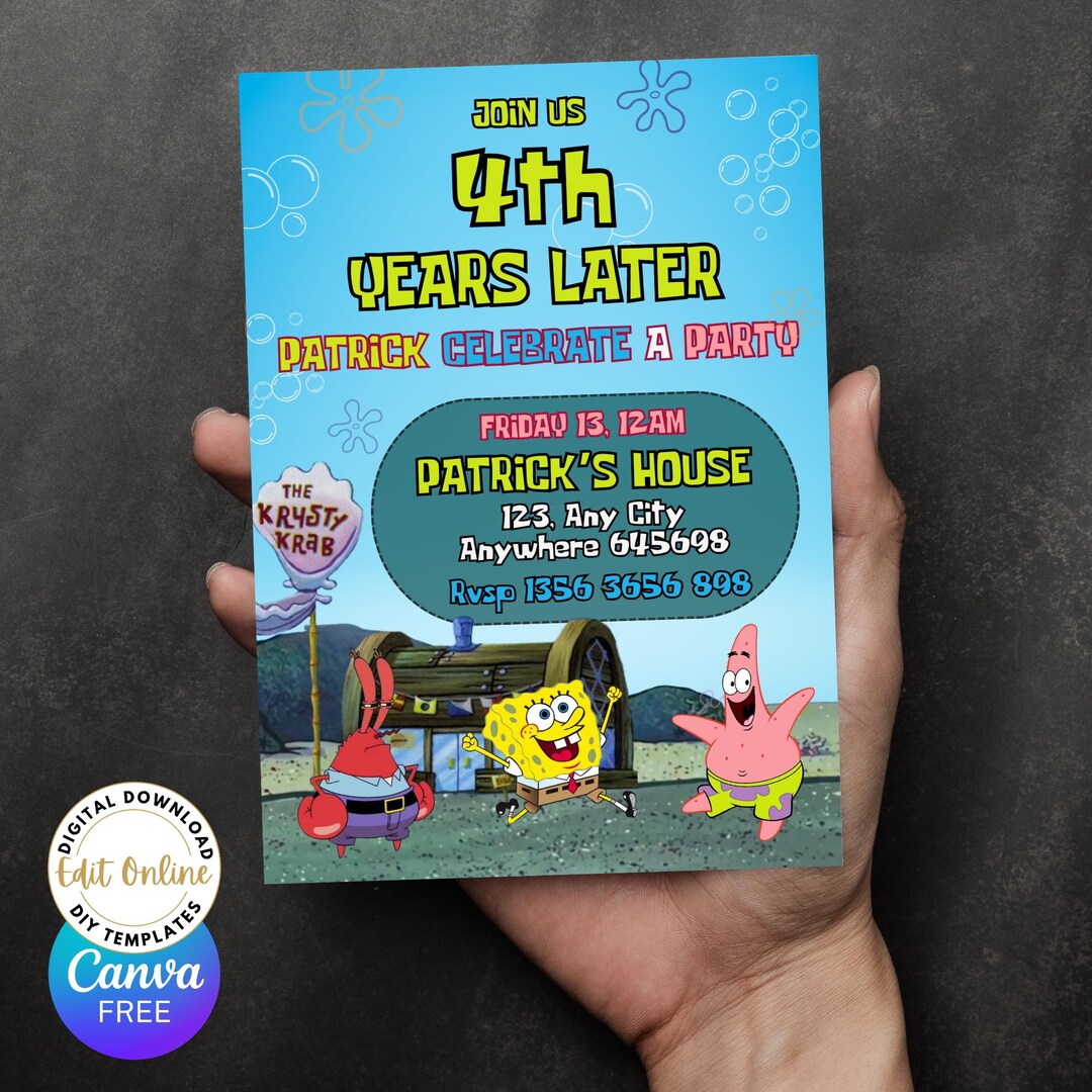 Editable Spongebob Birthday Invitation Digital Spongebob Party Invite ...