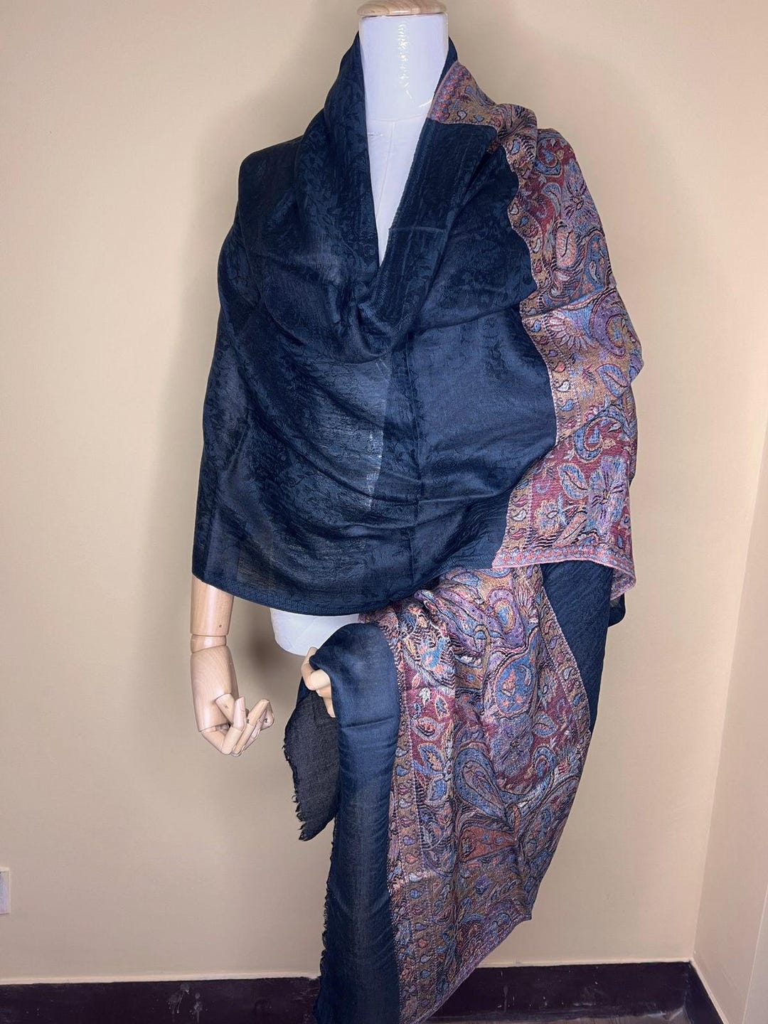 100% Pure Pashmina From NEPAL Regal Blue-black Paisley Border Shawl ...