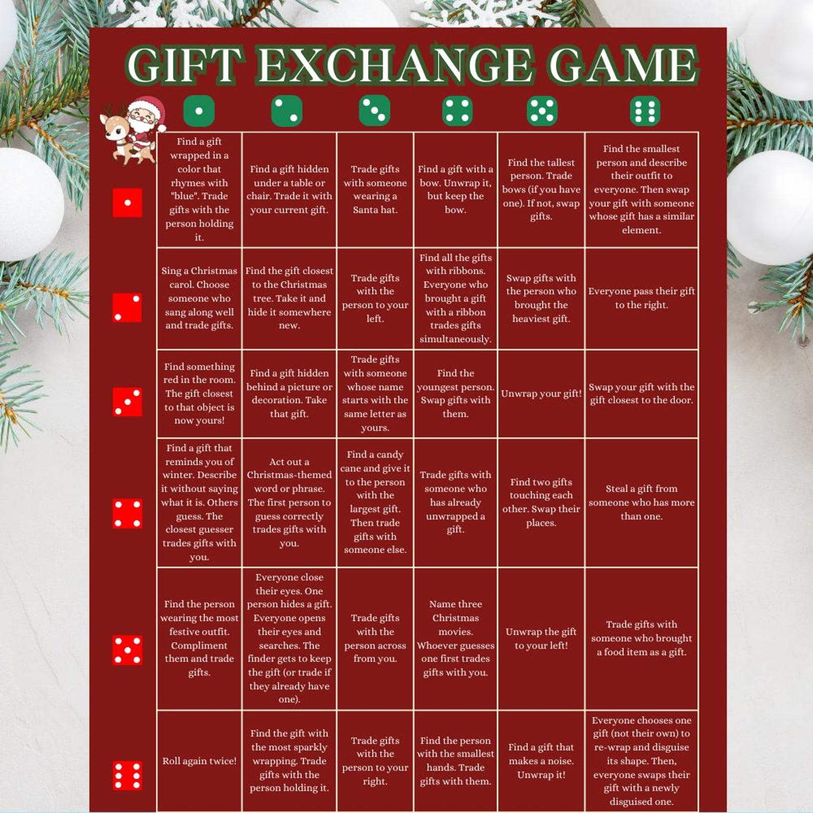 Christmas Gift Exchange Dice Game Printable 2 Dice | Christmas Game ...