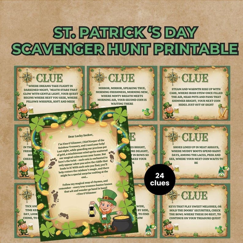 St Patricks Day Scavenger Hunt for Kids, Indoor Leprechaun Treasure ...