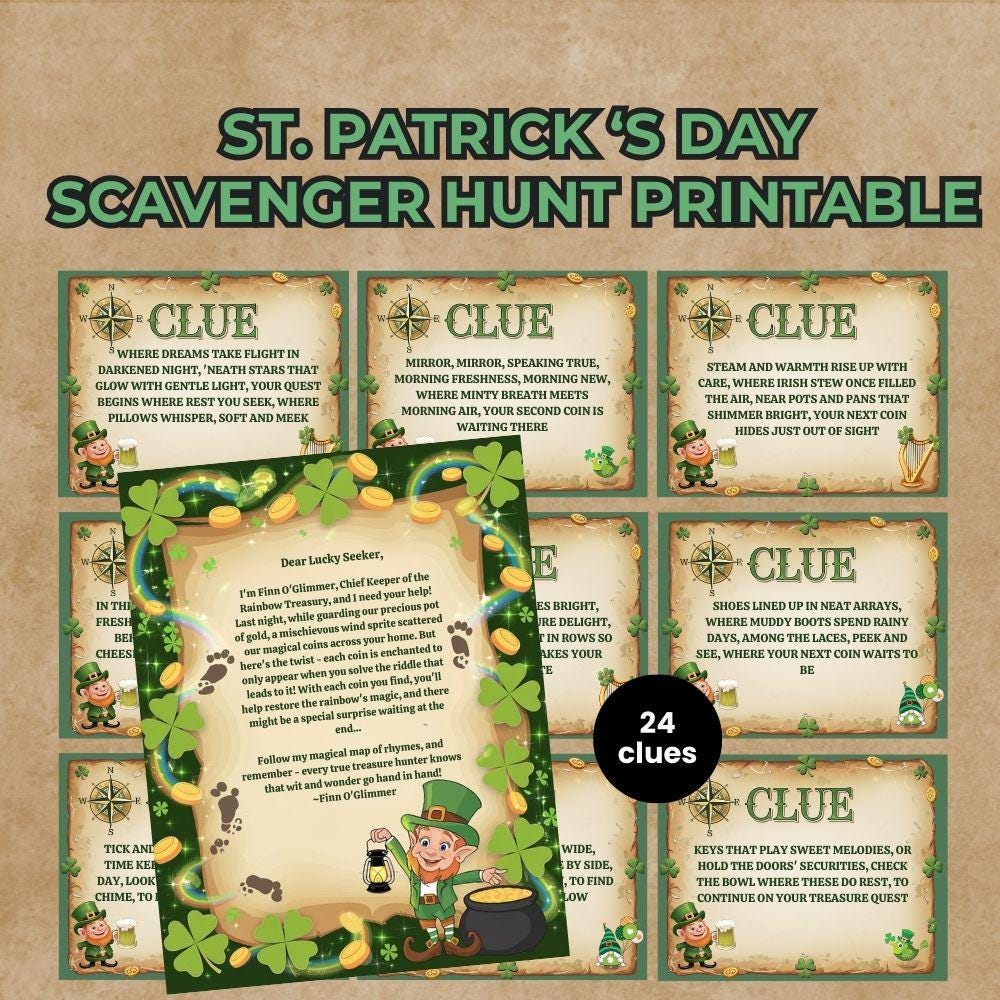 St Patricks Day Scavenger Hunt for Kids, Indoor Leprechaun Treasure ...