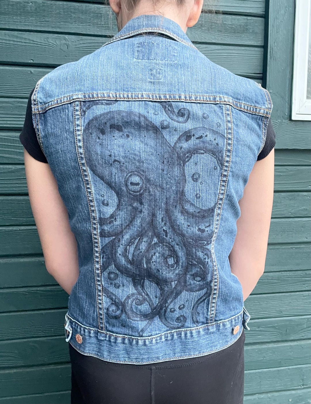Denim Vest With Hand Drawn Octopus Design - Etsy