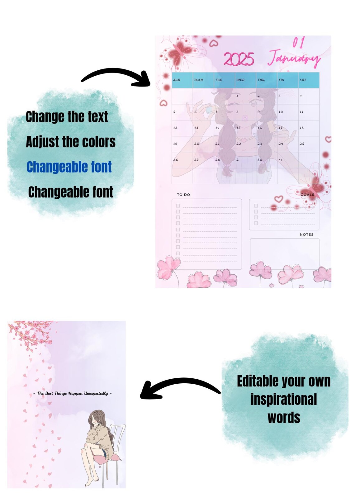 2025 Printable Calendar,editable PDF Printable Girl Calendar,women ...