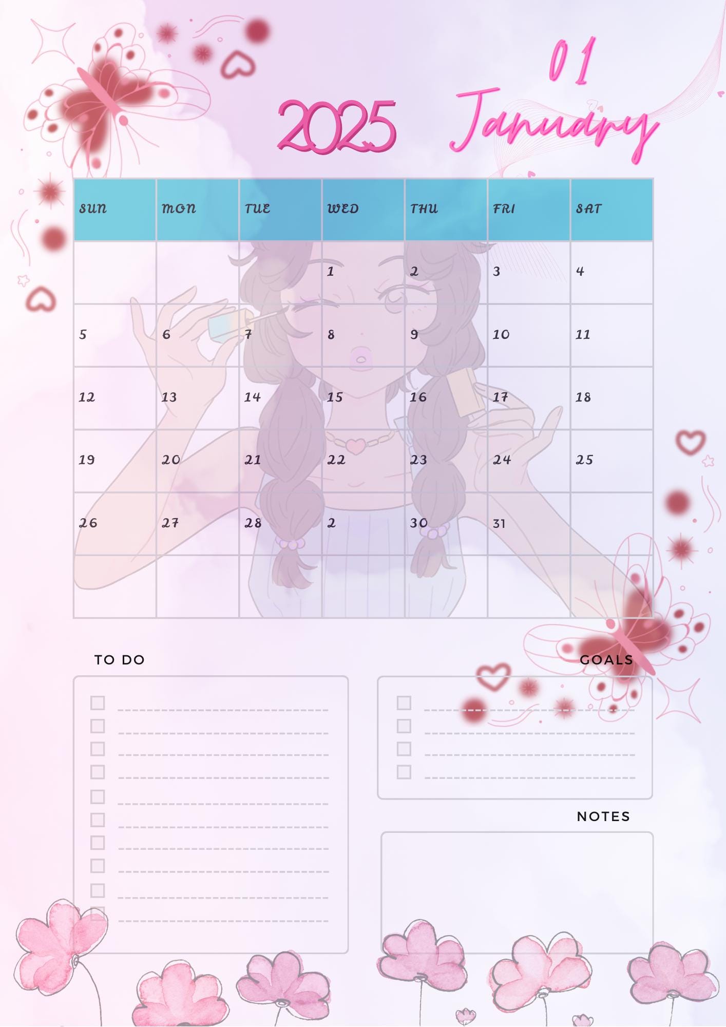 2025 Printable Calendar,editable PDF Printable Girl Calendar,women ...