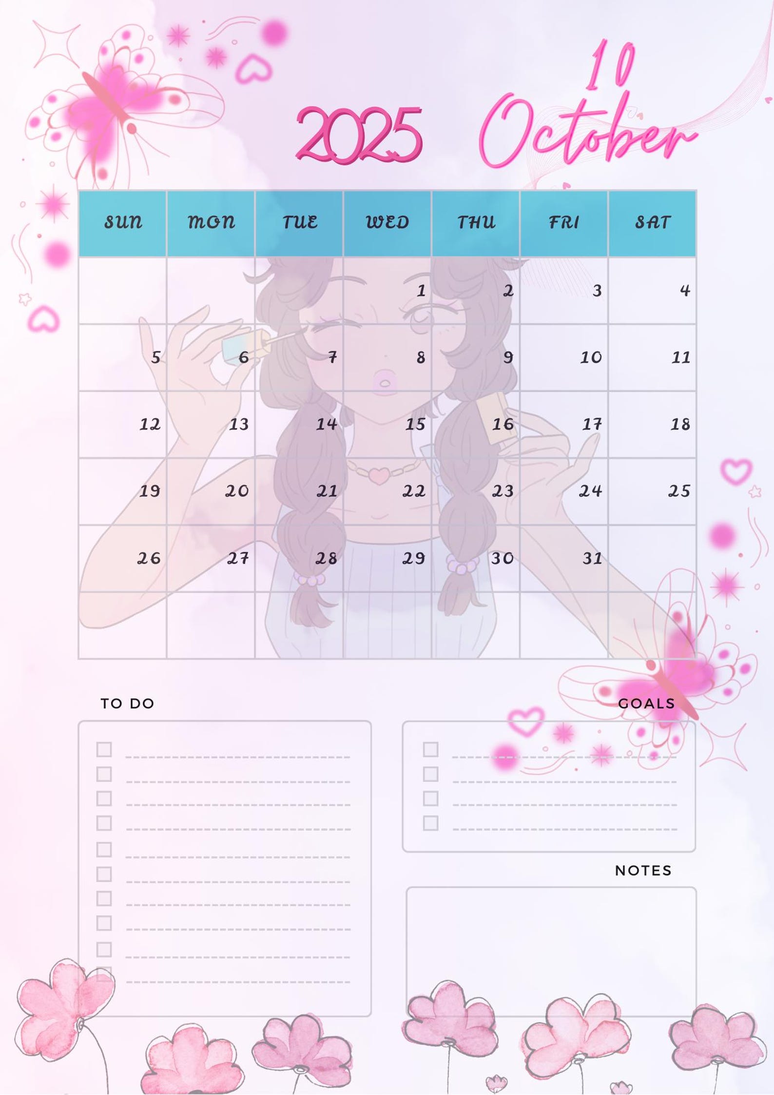 2025 Printable Calendar,editable PDF Printable Girl Calendar,women ...