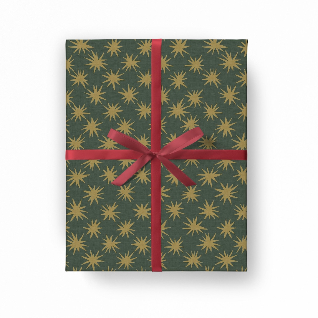 Star Wrapping Paper, Dark Green Gift Wrap, Elegant Holiday Gift Wrap ...