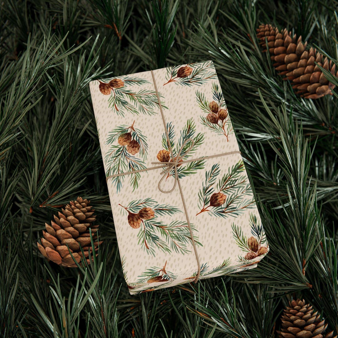Pine Cones Wrapping Paper, Green and Beige, Christmas Gift Wrap, Winter ...