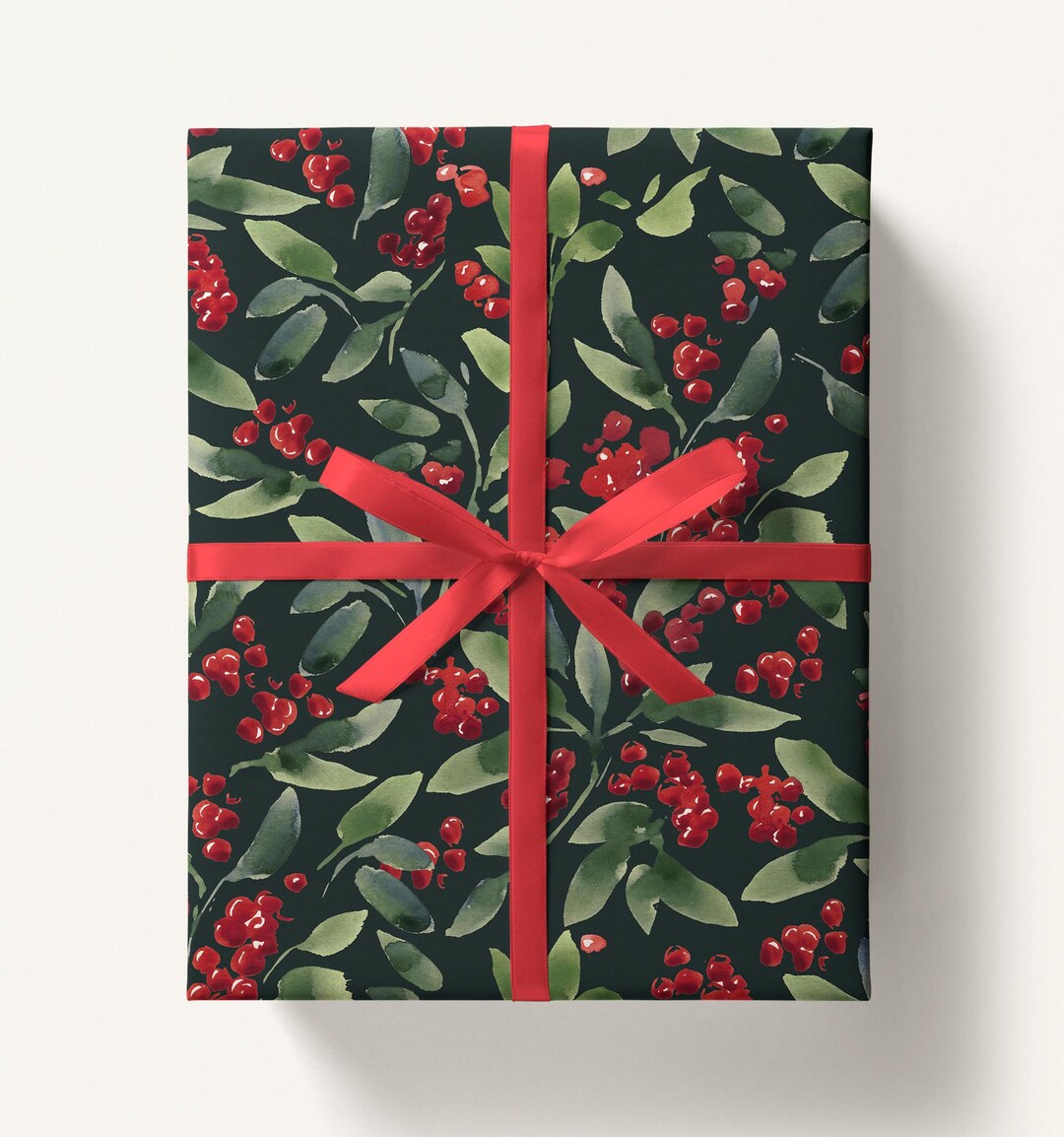 Dark Green Christmas Wrapping Paper, Red Berries Gift Wrap - Etsy