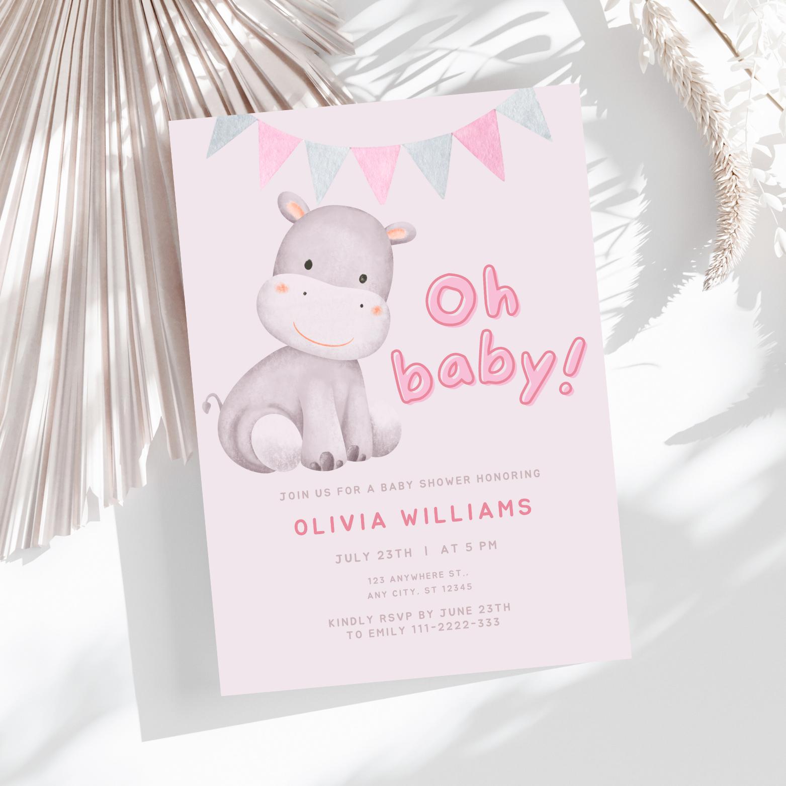 Editable Hippo Baby Shower Invitation Template, Baby Shower Hippo, Baby ...