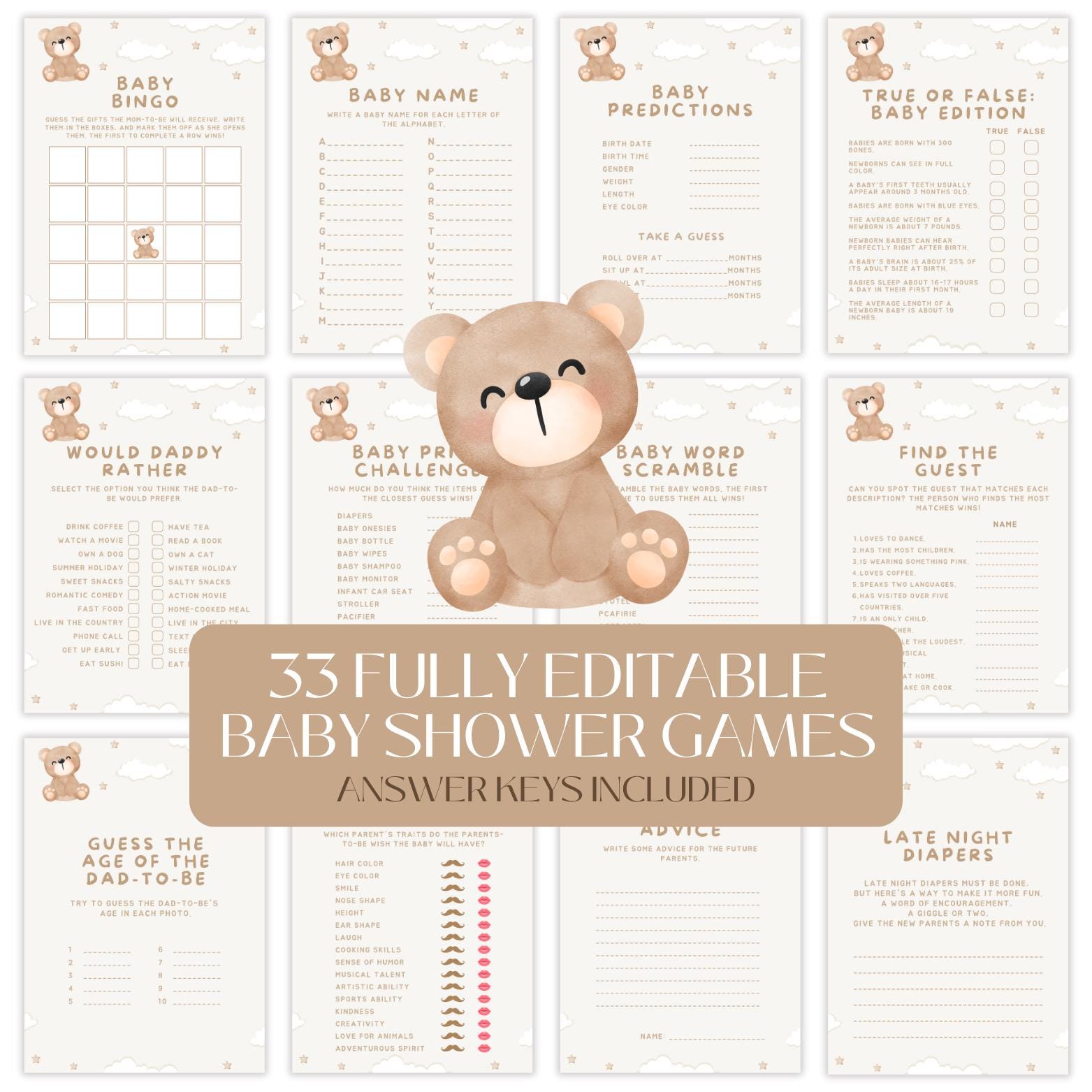 Editable Baby Shower Games Bundle Boho Baby Shower Games Pack Editable Teddy Bear Games for Baby ...
