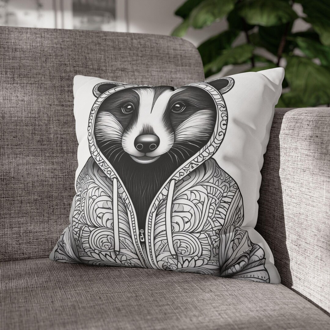 Fine Line Drawing Badger in a Hoodie Pillowcase, Decorative Animal ...