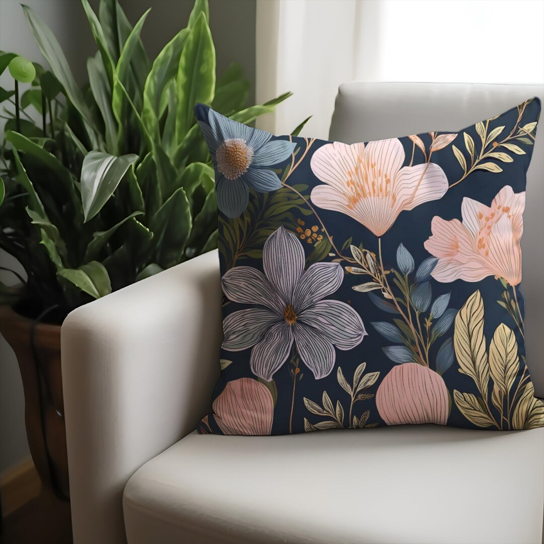 Bohemian Floral Cushion With Bold Bloom Design in Pastel Colors on Dark ...