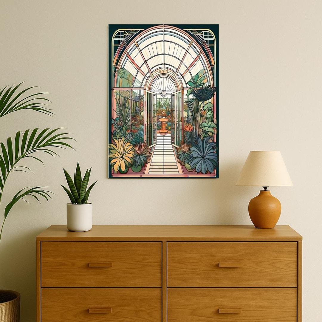 Art Deco Botanical Conservatory Garden With Stained Glass Archways and ...