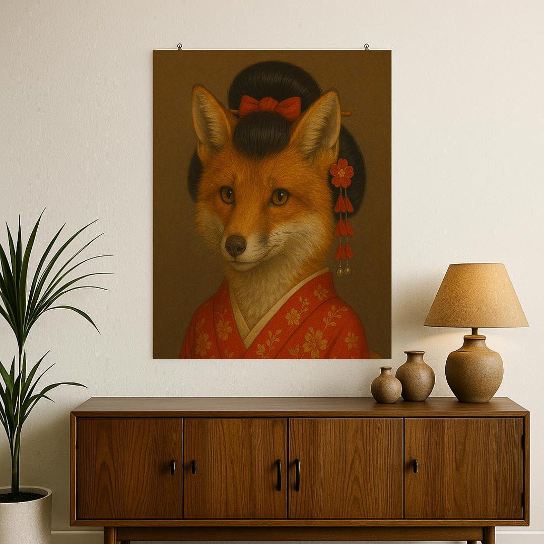 Elegant Fox Geisha Wall Art Japanese Animal Portrait Red Kimono Print ...