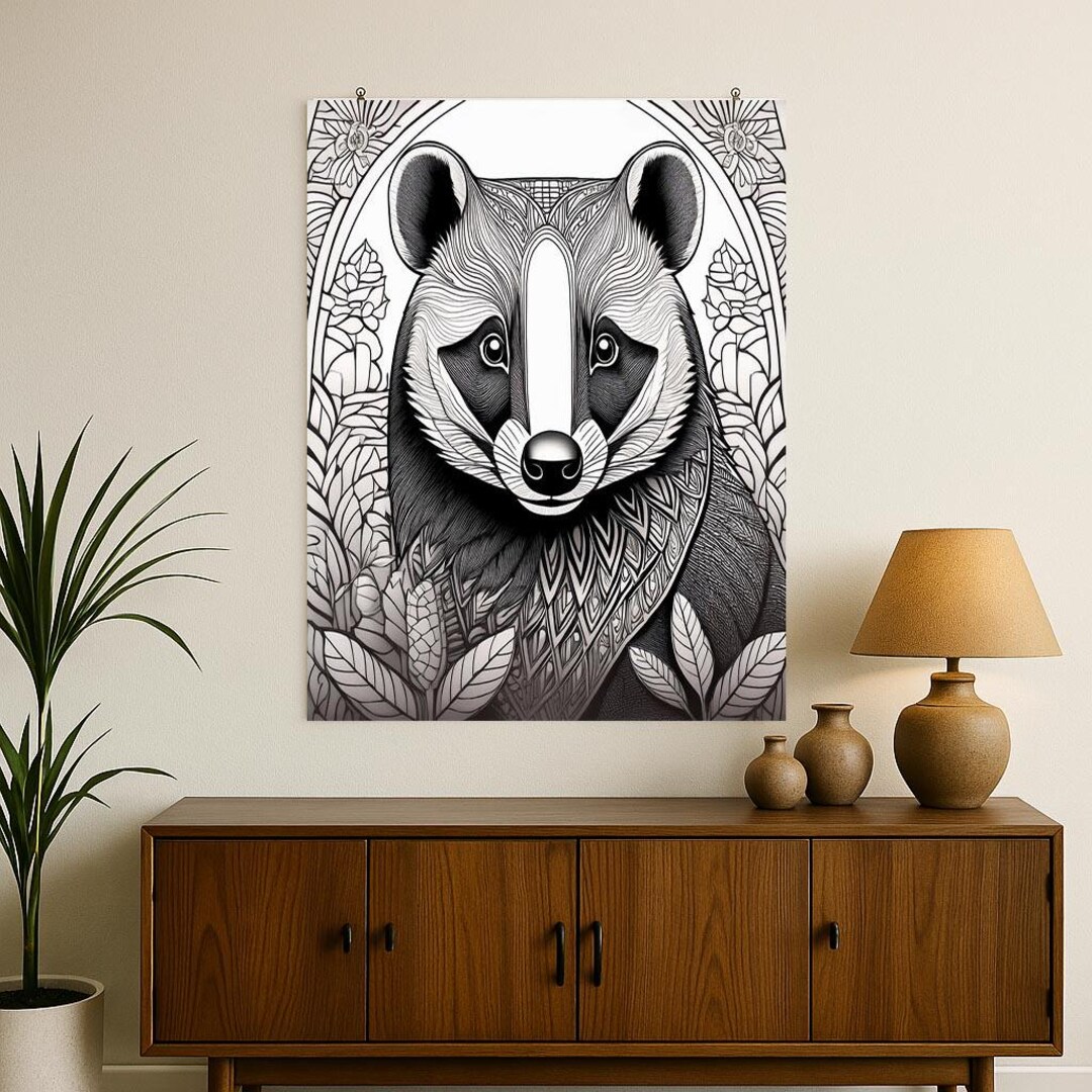 Intricate Black and White Badger Line Art Featuring Forest Leaves and ...