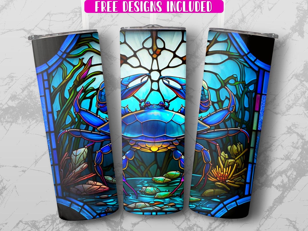 Stained Glass Blue Crab Design, 20oz Tumbler Wrap, Aquatic Marine Life ...