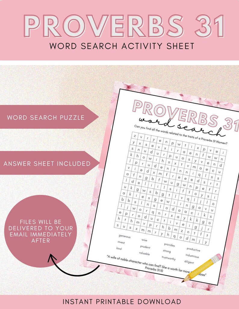 Proverbs 31 Word Search Printable-bible Study Puzzles-word Search Puzzle for Kids & Adults ...