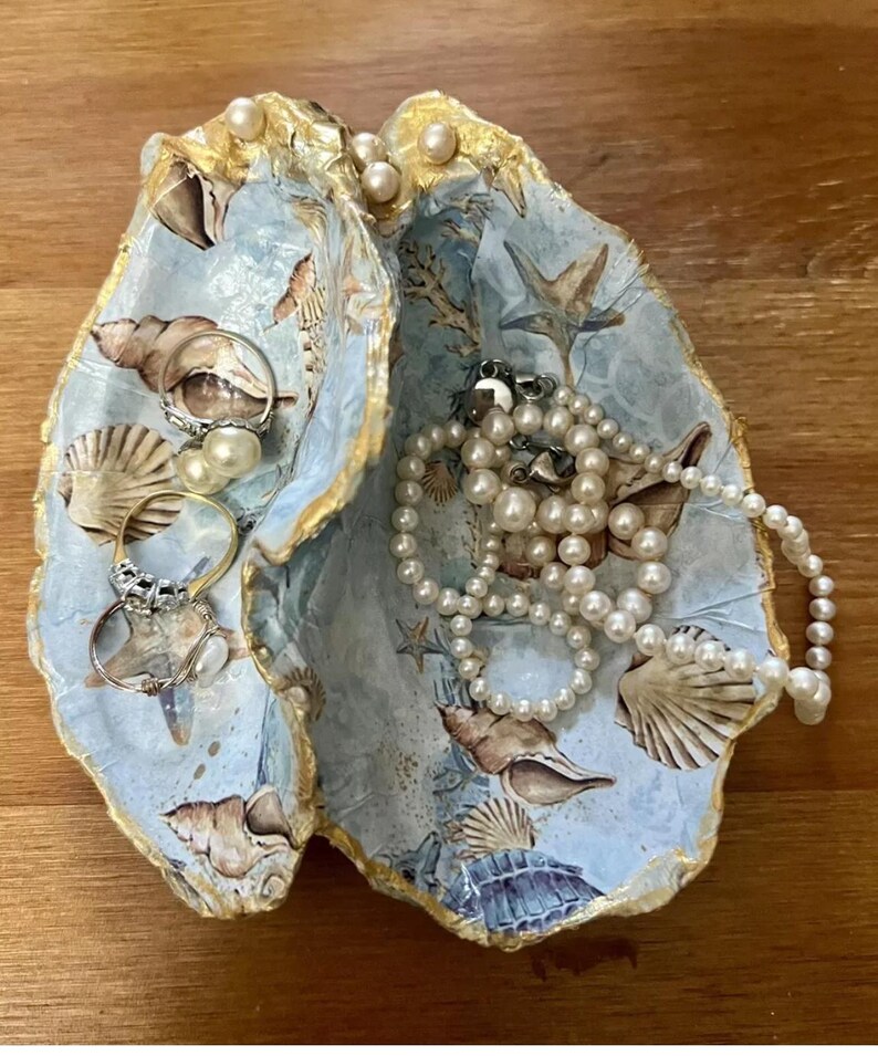 Oyster Shell Jewelry Dish Genuine Pearl Jewelry Dish Gold Trim - Etsy