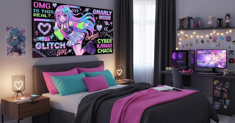 Cyber Kawaii Anime Girl – Glitch Y2K Digital Art, Manga Gamer Poster ...