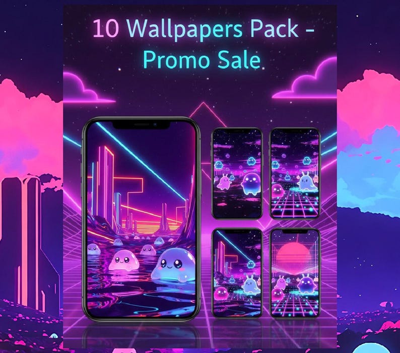 10 Kawaii Neon Wallpaper Pack | Synthwave Vaporwave Phone Backgrounds ...