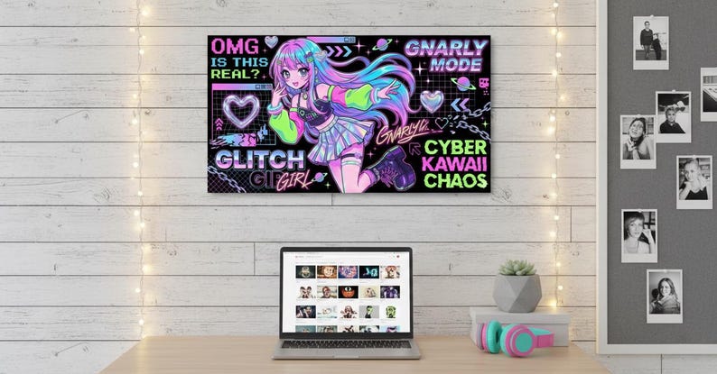 Cyber Kawaii Anime Girl – Glitch Y2K Digital Art, Manga Gamer Poster ...