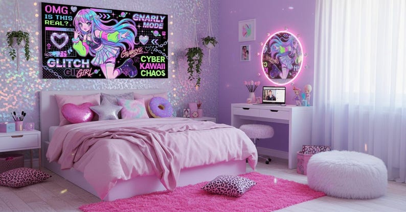 Cyber Kawaii Anime Girl – Glitch Y2K Digital Art, Manga Gamer Poster ...