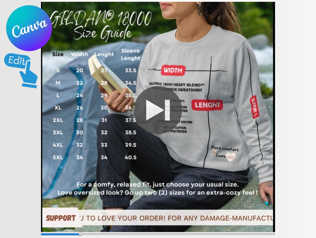 Editable Gildan 18000 Size Chart, G180 Size Chart Mockup Gildan ...