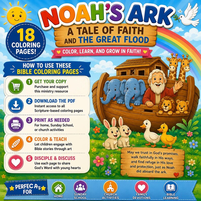 Noah's Ark Coloring Pages: Bible Story, Faith, Flood (digital Download ...