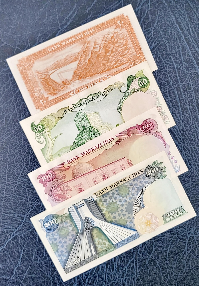 Set of 20, 50, 100, and 200 Rials Pahlavi Shah Persian Notes ...