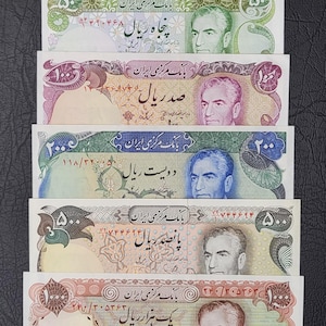 Set of 20, 50, 100, 200, 500 and 1000 Rials Pahlavi Shah Persian Notes ...