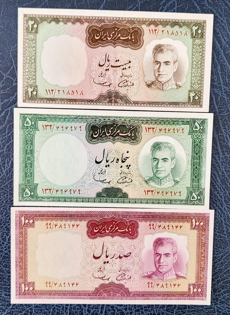 Set of 20, 50, and 100 Rials 1969 Pahlavi Shah Persian Notes ...