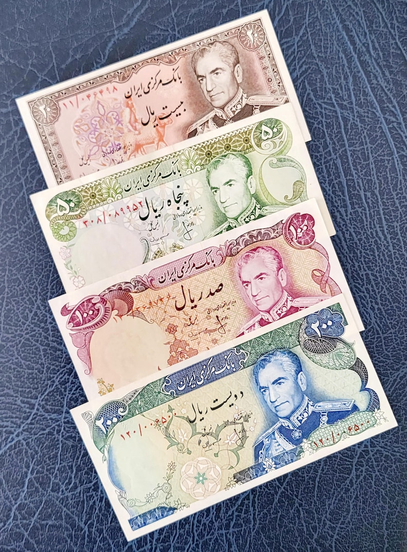Set of 20, 50, 100, and 200 Rials Pahlavi Shah Persian Notes ...