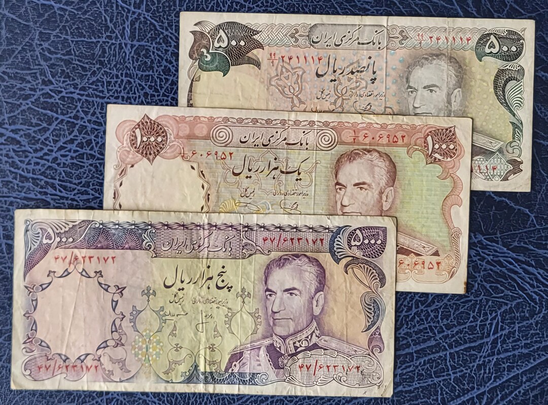 Set of 500 , 1000 and 5000 Rials 1974 Persian Notes VF Quality P 104c ...
