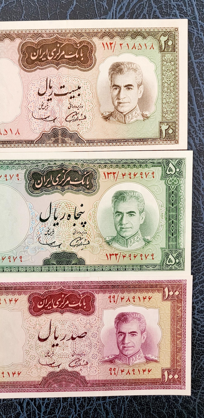 Set of 20, 50, and 100 Rials 1969 Pahlavi Shah Notes Gem Uncirculated ...