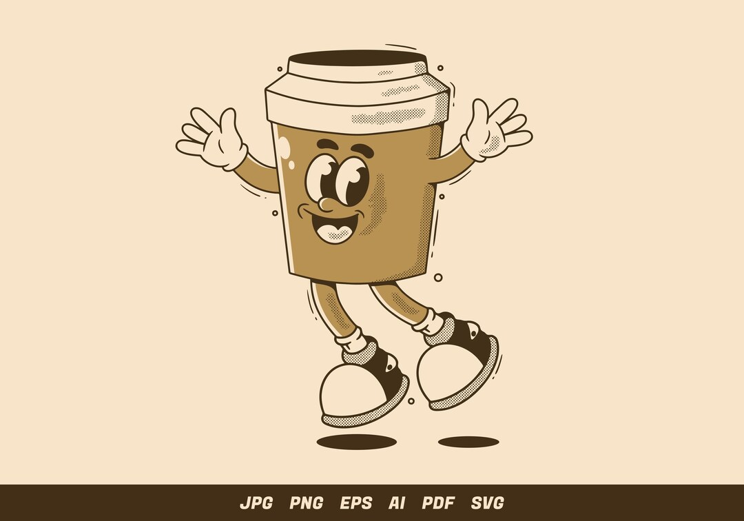 Happy Dancing Coffee Cup Retro Cartoon Character Illustration (digital ...