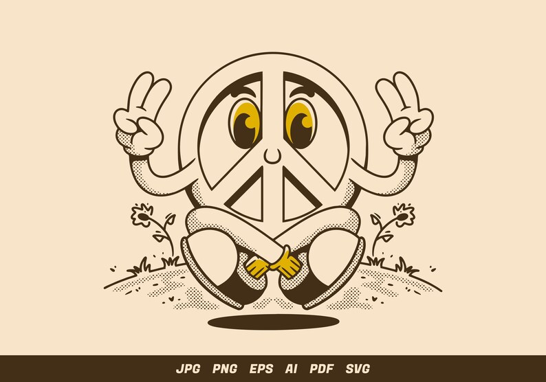 Cartoon Peace Sign Character Sitting Cross-legged With Double Peace ...