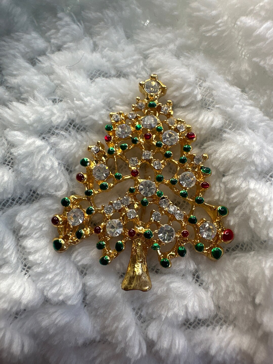 Vintage Rhinestone Christmas Tree Brooch Pin Red Green Enamel Holiday ...