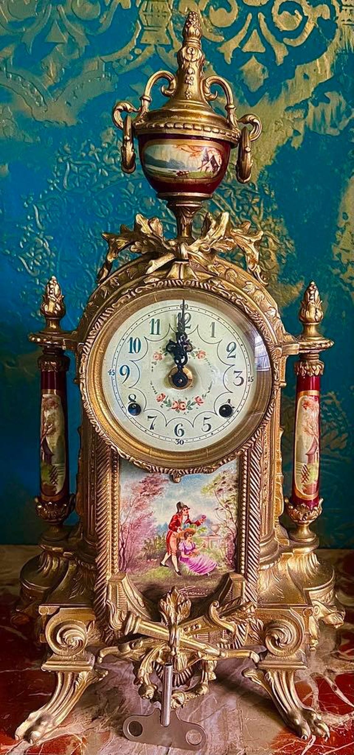 Vintage Italian Mantel Clock Garniture Set-hand Painted by Lancini ...