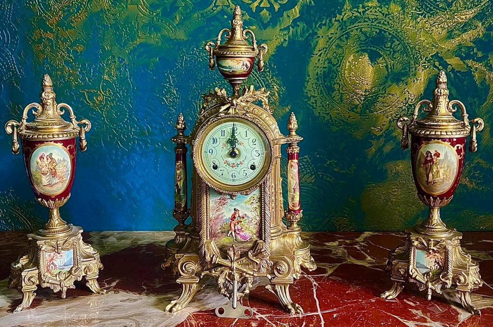 Vintage Italian Mantel Clock Garniture Set-hand Painted by Lancini ...
