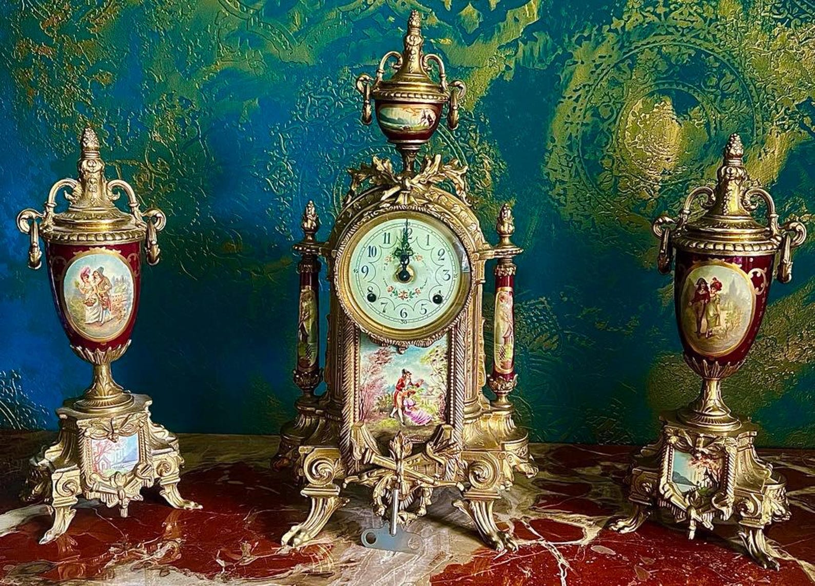 Vintage Italian Mantel Clock Garniture Set-hand Painted by Lancini ...
