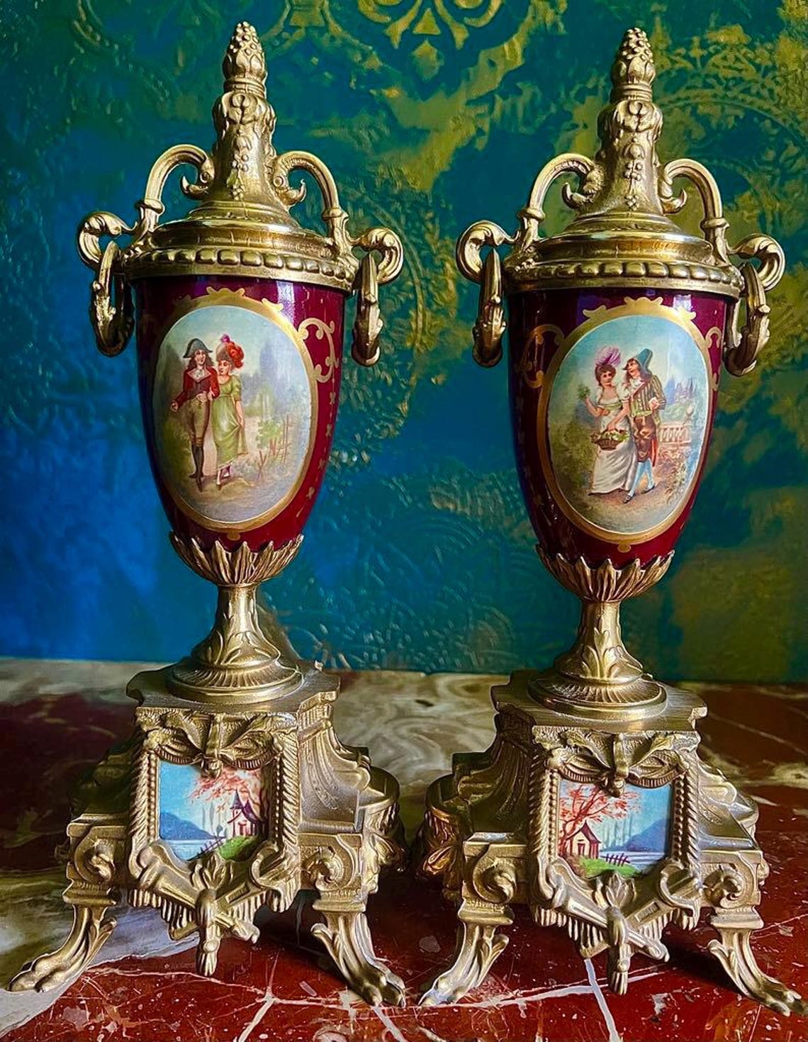 Vintage Italian Mantel Clock Garniture Set-hand Painted by Lancini ...