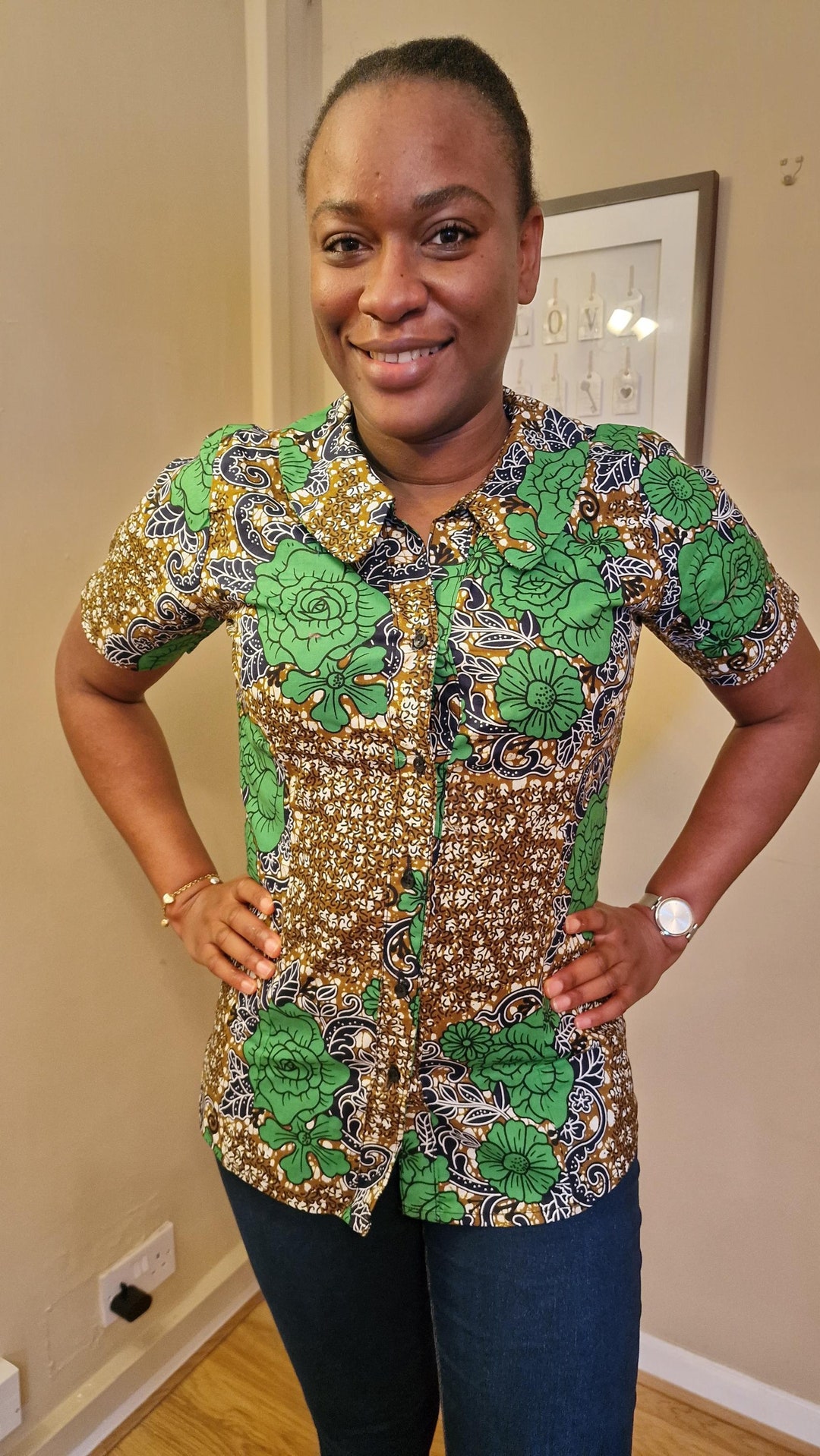 Amara Green Floral Ankara Shirt: Handmade African Print Short Sleeve ...