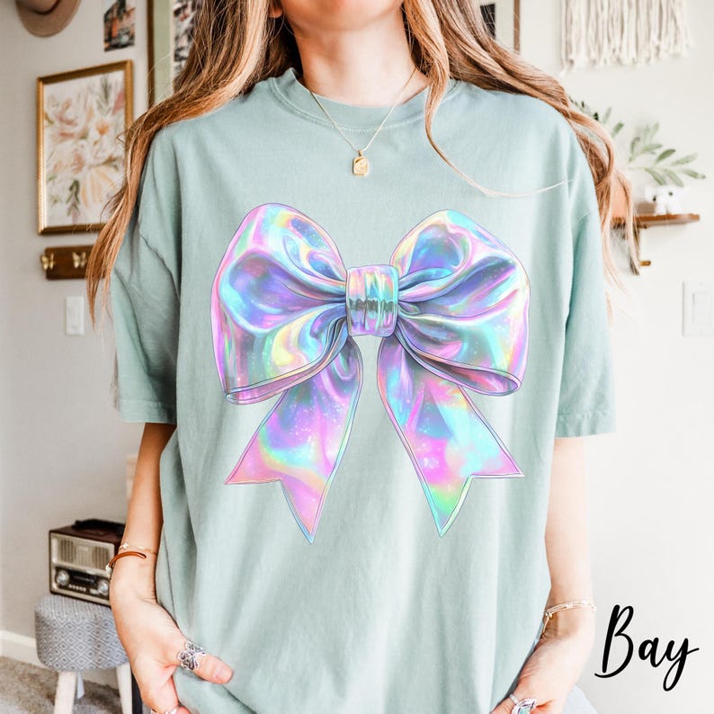 Iridescent Bow Shirt Comfort Colors® Holographic Coquette Ribbon Tee ...