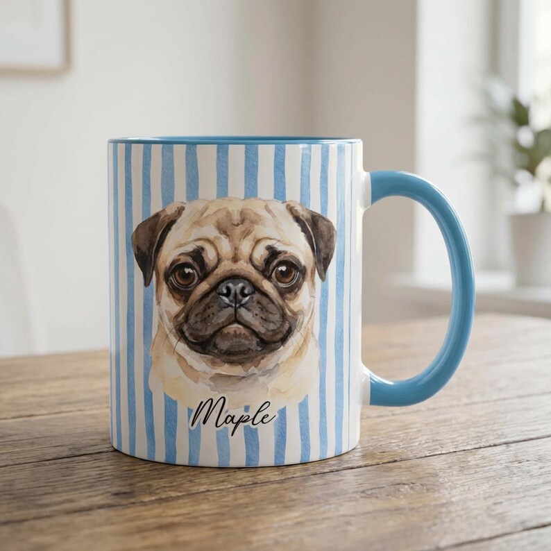 Personalized Pug Mug, Striped Pug Mom Coffee Cup, Custom Gift for Pug ...