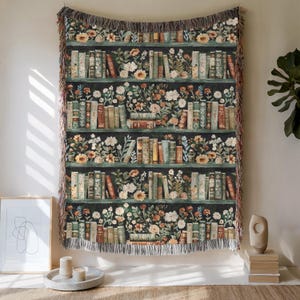 Cottagecore Book Tapestry, Reading Woven Blanket, Floral Book Shelf ...