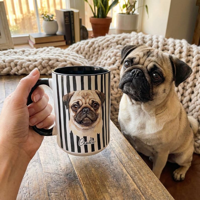 Personalized Pug Mug, Striped Pug Mom Coffee Cup, Custom Gift for Pug ...