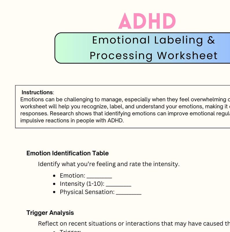 ADHD Emotional Labeling & Processing Worksheet - Etsy