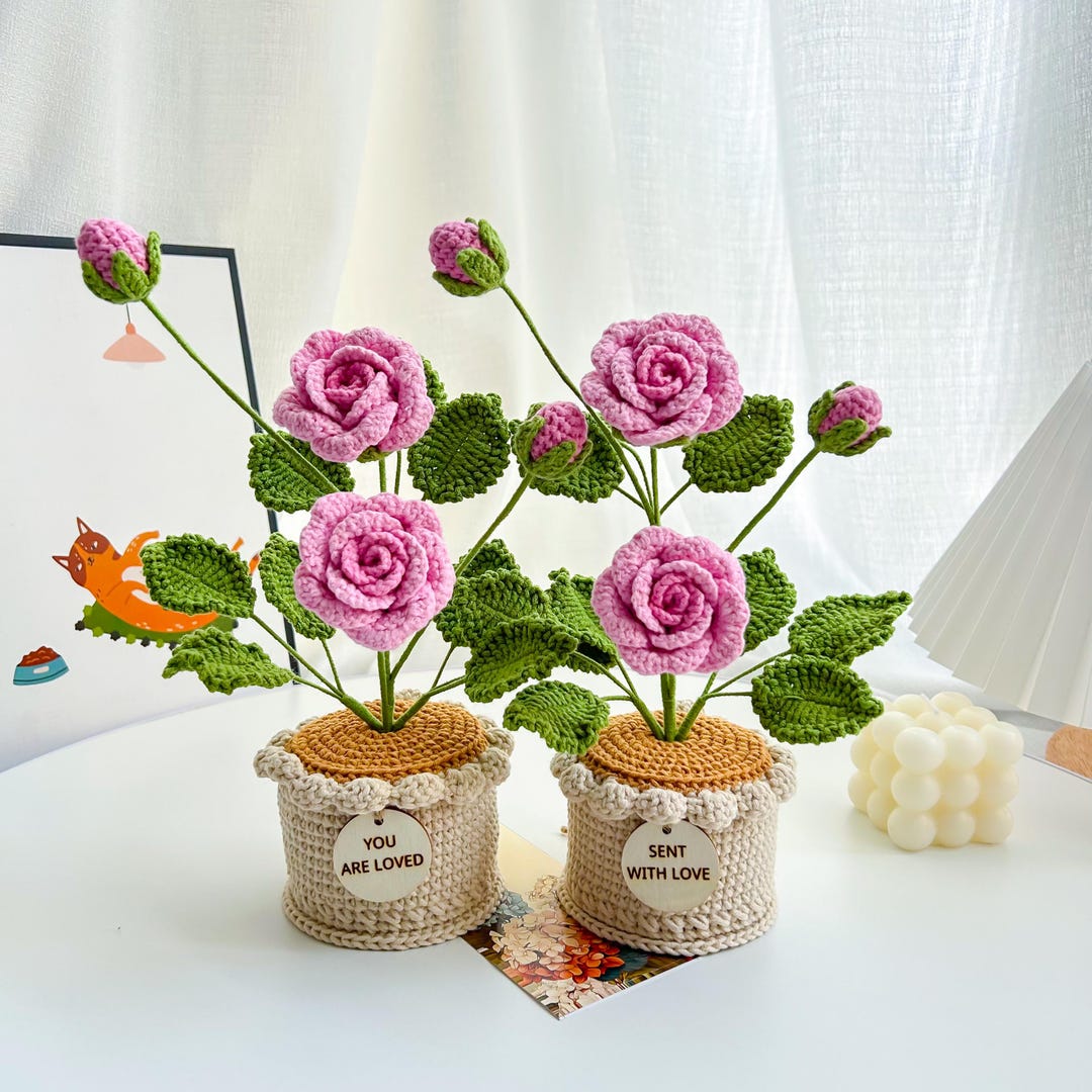 Crochet Flowers in Pot, Crochet Rose Potted Plant, Teacher Gift ...
