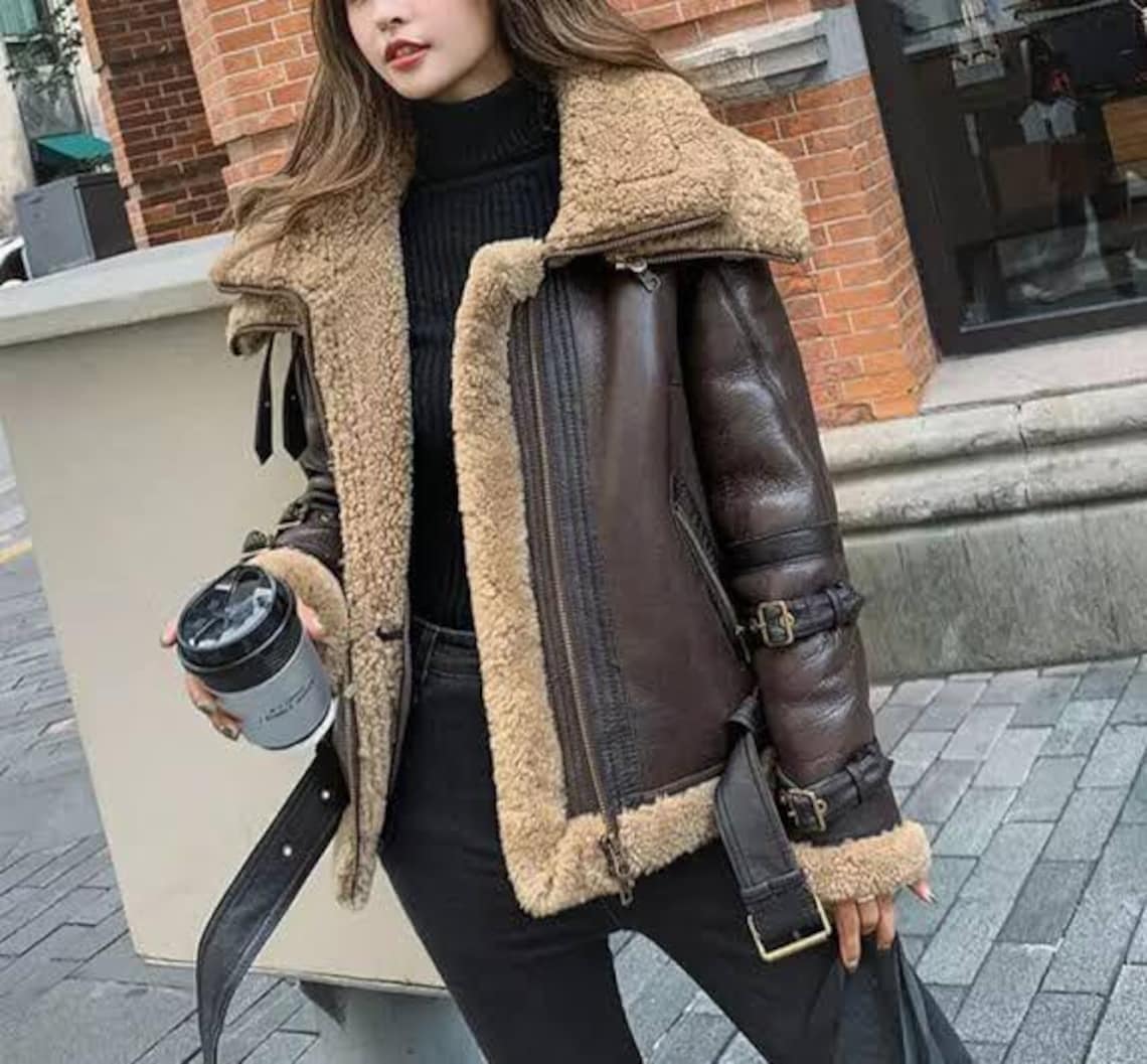Women's Real Sheepskin Aviator Pilot Bomber Jacket, Handmade Double ...
