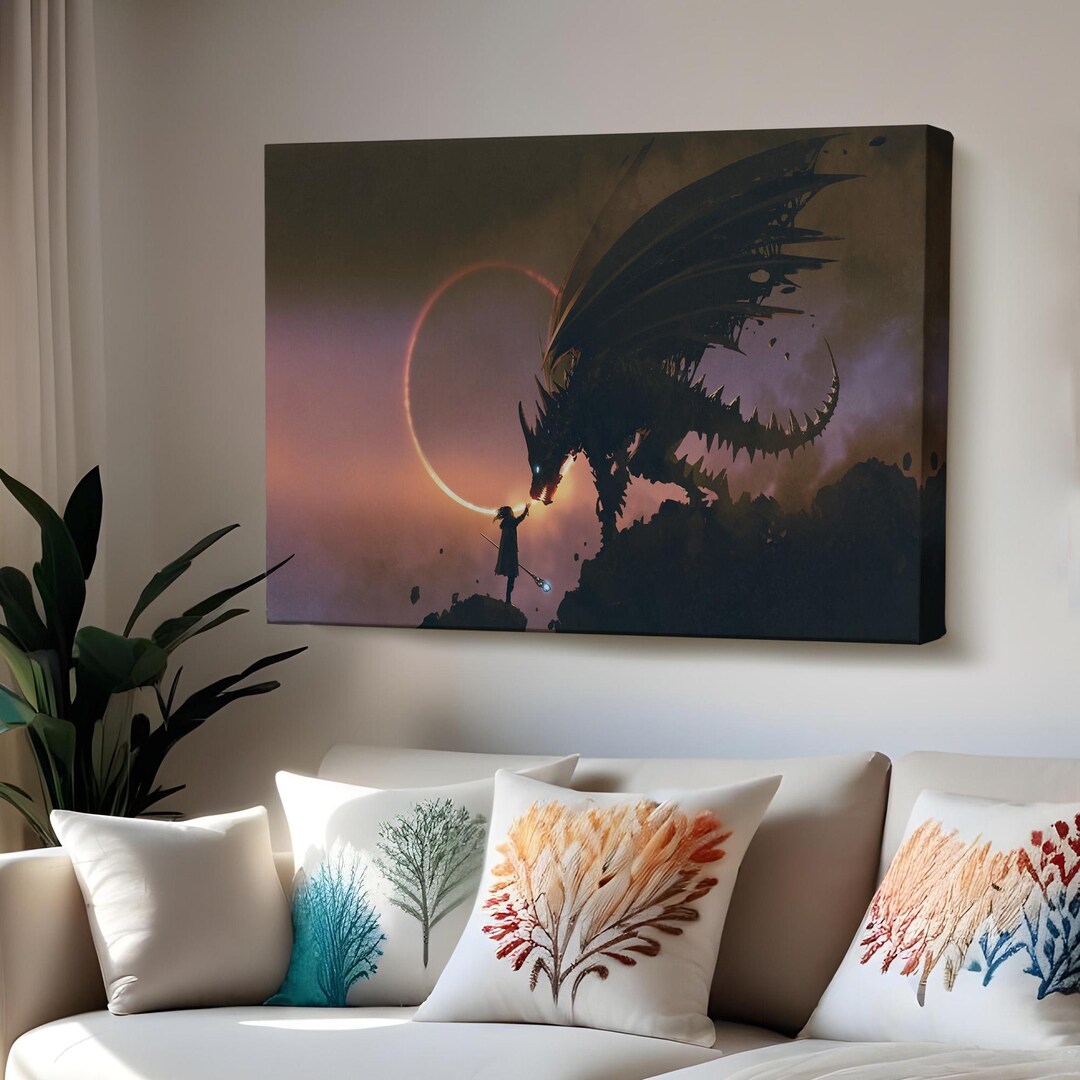 Wizard Scene With A Hand Reaching for A Dragon Decorative Art, Surreal ...